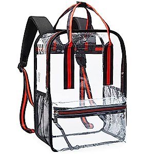 mommore Heavy Duty Clear Backpack Durable See Through Bookbags for School, Work (Red Black, Large)