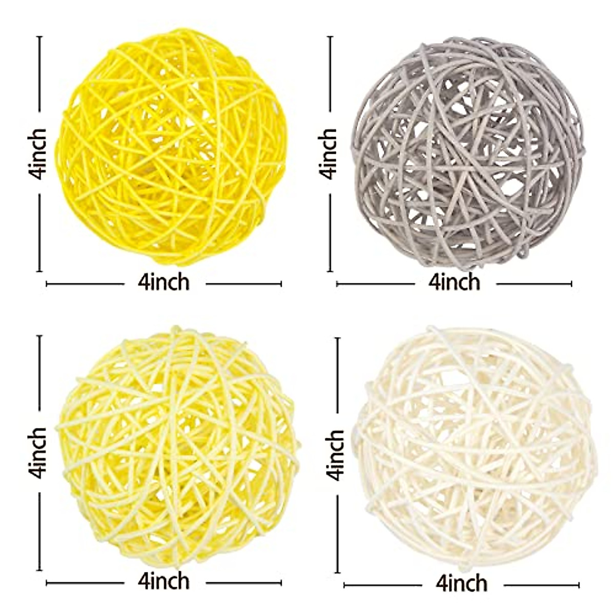 DomeStar Extra Large Rattan Balls, 4 Inches Wicker Balls Decorative Balls Natural Decorative Wicker Rattan Balls Orbs Vase Fillers Yellow, White, Grey and Lemon