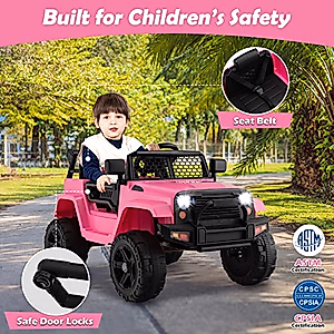 Costzon Ride on Car, 12V Battery Powered Truck Vehicle with Remote Control, Spring Suspension, Headlights, Music, Horn, MP3, USB & Aux Port, Gift for Boys Girls, Electric Car for Kids (Pink)