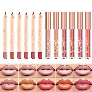 Easilydays Lip Liner and Liquid Matte Lipstick Set, 12 Colors Crayon Matte Longwear Lip Pencil, 24h Velvety Red Lips and Lip Liners Make Up, Lip Contouring Pencil, Waterproof Long Lasting Nude Lipgloss Lip Stain Kit with Lip Liner for Women (#07)
