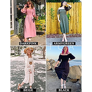 ZESICA Women's Casual Square Neck 3/4 Puff Sleeve Solid Color Smocked High Waist Flowy Midi Dress,Beige,Small