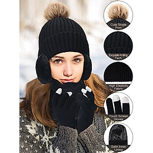 Eurzom 5 Pcs Women Warm Hat and Gloves Scarf Set Knitted Beanie Ski Outing Pompom Hat Winter Ear Warmer Ski Earmuffs Stocking (Black)