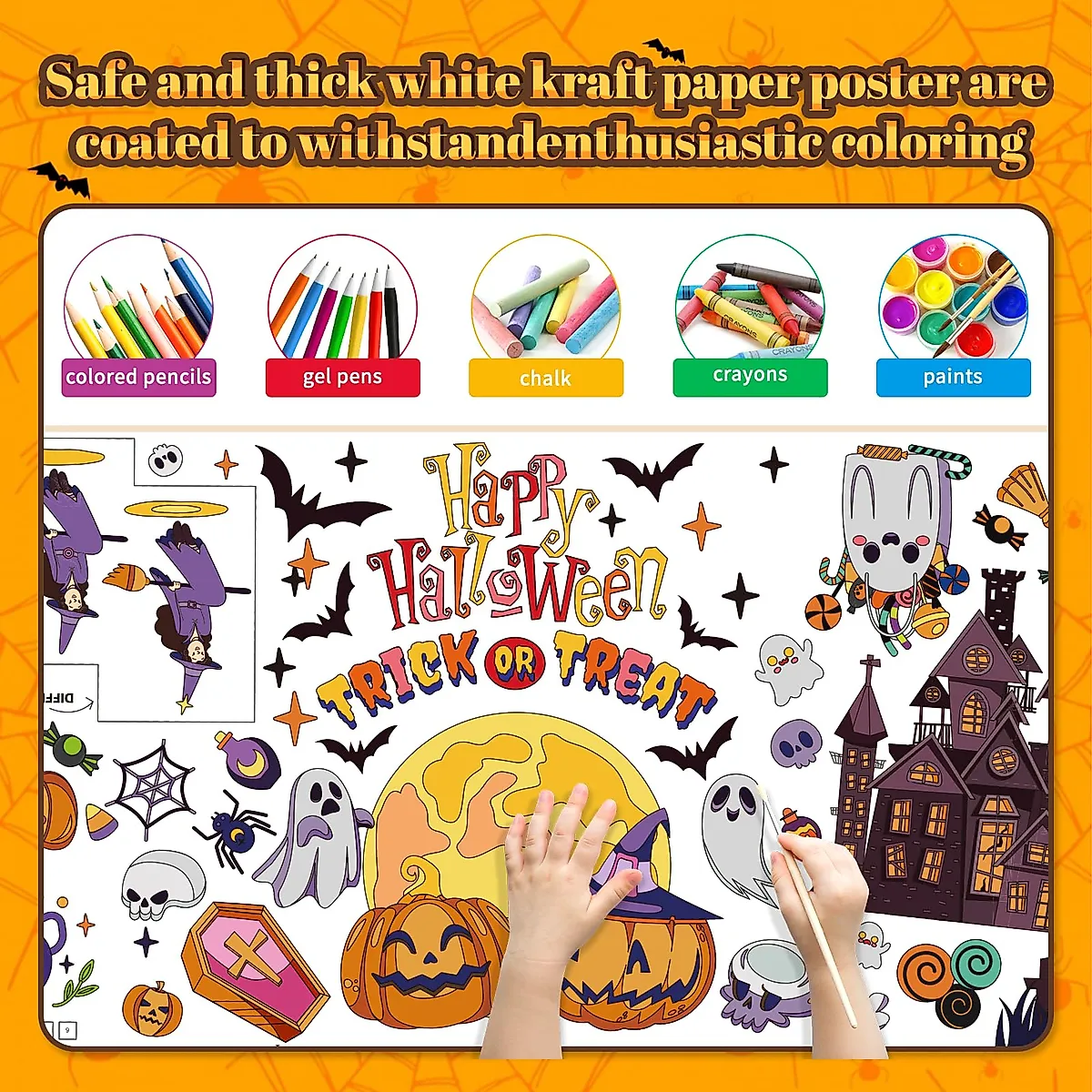Miucat Halloween Coloring Tablecloth, 79 * 35inch Halloween Crafts for Kids DIY Coloring Tablecovers Halloween Activities for Halloween Games Party Favors Supplies