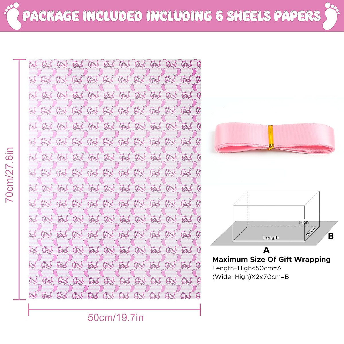 AircooL Baby Girl Wrapping Paper, It's a Girl Baby Girl Feet Pink White Stripes Wrapping Paper 20 x 28 inches for Girl Birthday Present Gender Reveal Theme Baby Shower Party Kindergarten Newborn
