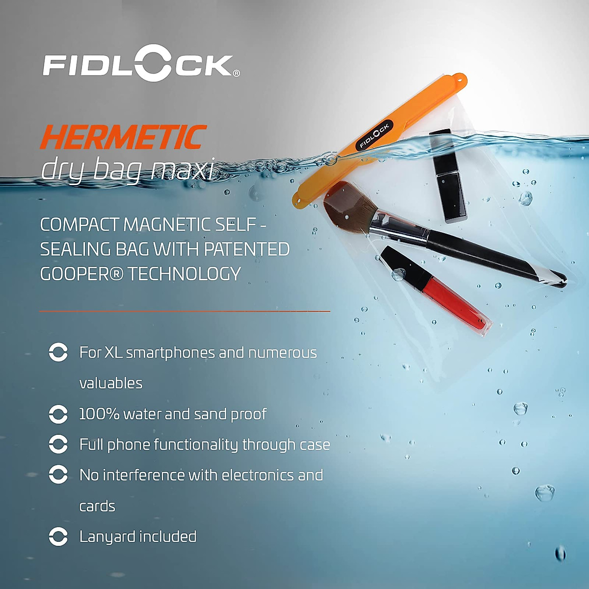 FIDLOCK Hermetic Dry Bag Maxi - Flexible Magnetic Self-Sealing Bag for Cellphone | 100% Waterproof and Sand Proof - Practical Size with a Large Opening, with Lanyard included - Orange Transparent