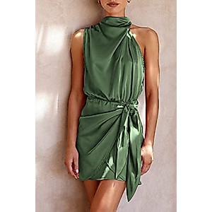 PRETTYGARDEN Women's Short Formal Satin Dress 2023 Summer Sleeveless Mock Neck Tie Waist Cocktail Party Dresses (Army Green,Small)