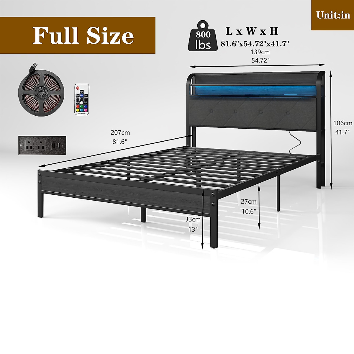 Ptsyz Bed Frame Full Size with Charging Station and LED Lights,Upholstered Headboard with Storage Shelves（Dark Grey），Noise Free，Easy Assembly，No Box Spring Needed，Sturdy and Durable.