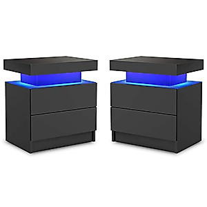 Generic Nightstand LED Set of 2 Bedside Table Cabinet with Lights Modern End Side Drawers for Bedroom (Black), 13D x 19W 20H in (JCFDB)