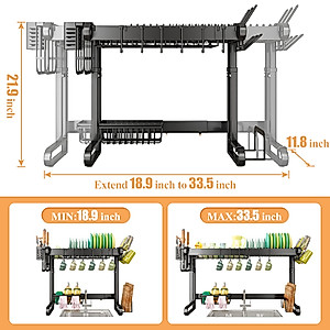 Over The Sink Dish Drying Rack, 2 Tier Adjustable Length (18.9" to 33.5") Sturdy Kitchen Counter Dish Rack Organizer, Black