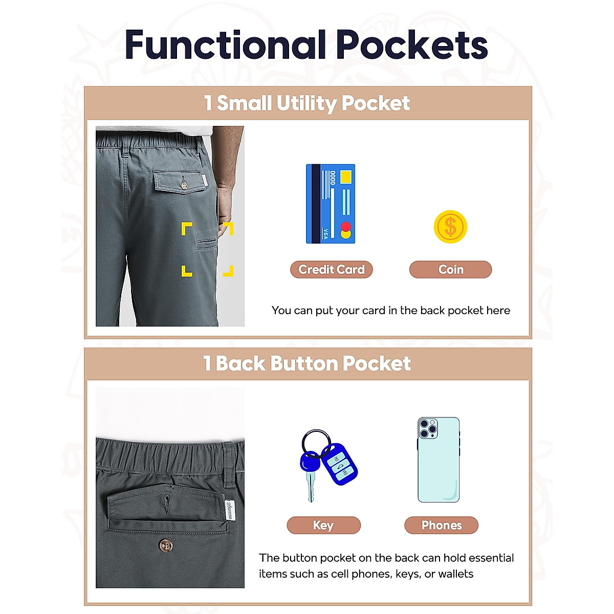 maamgic Men's Classic-fit 7" Cotton Casual Shorts Elastic Waistband with Multi-Pocket Daily Wear Walking Summer Outfit