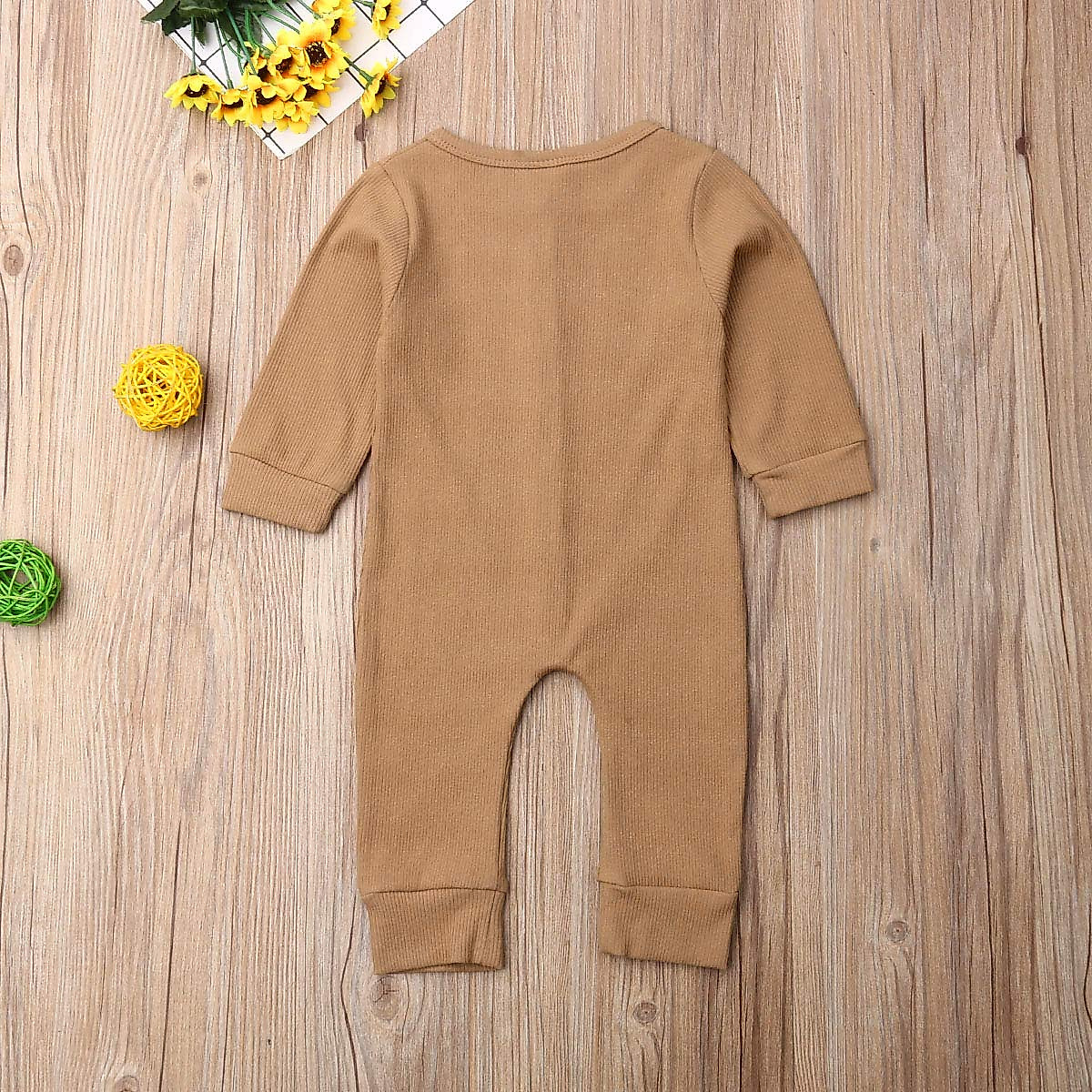 Kuriozud Newborn Infant Unisex Baby Boy Girl Long Sleeve Button Solid Knitted Romper Bodysuit One Piece Jumpsuit Summer Outfits Clothes (Long Sleeve Jumpsuit Brown, 0-3 Months)