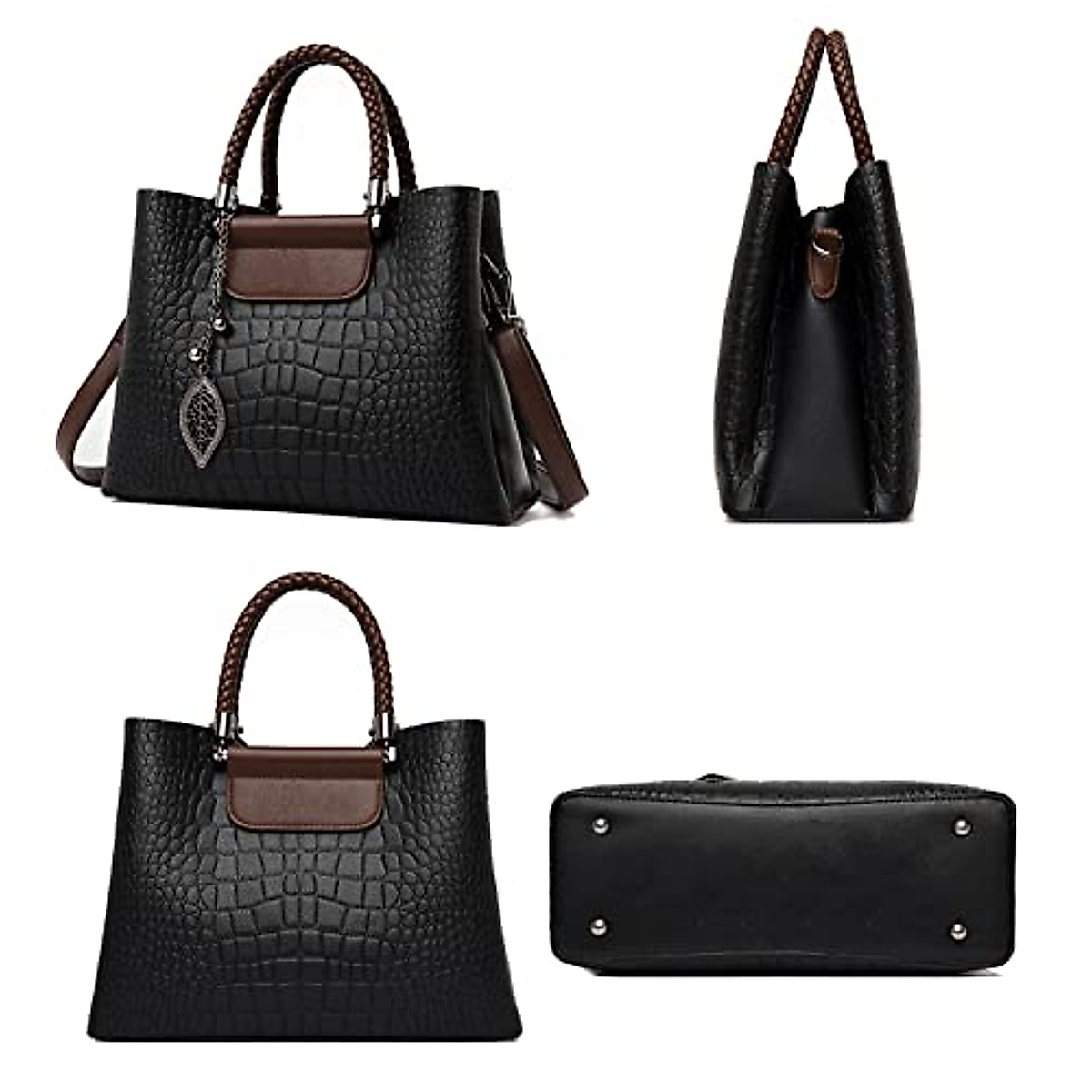Fashion Large Leather Satchel Handbag for Women Top Handle Crossbody Bag Ladies Crocodile Shoulder Purse Tote (Black)