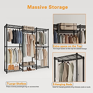 Tophorse T3 Portable Closet Clothes Rack, Heavy Duty Clothing Rack with 5 Hang Rods & 7 Shelves, Adjustable Closet Organizers and Storage Wardrobe, 75.2" W x 15.7”D x 76.4”H, Max Load 850LBS