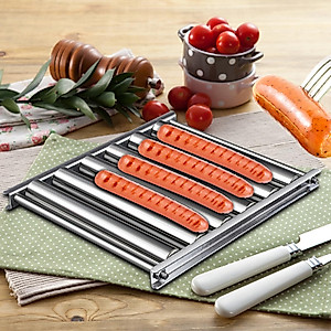 Sufune Hot Dog Roller for Girll,Hotdog Roller Grill Sausage Roller Stainless Steel Rack with Extra Long Wood Handle,BBQ Hot Dog Girller for Evenly Cooked Hot Dog,5 Hot Dog Capacity