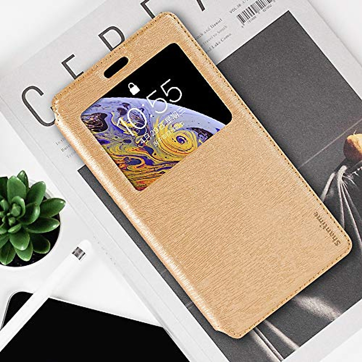 Shantime for Infinix Hot 30 5G Case, Wood Grain Leather Case with Card Holder and Window, Magnetic Flip Cover for Infinix Hot 30 5G (6.78”) Gold