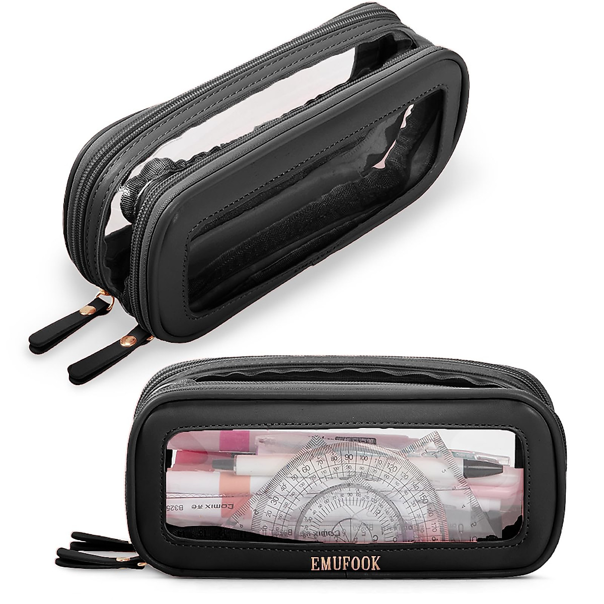 EMUFOOK Clear Pencil Case Aesthetic Large Capacity Pencil Pouch With Zipper Simple Stationary Pencil Bag Transparent Pen Case for School Teen Girl Boy Multi-Purpose Bag for Office Men Women, Black