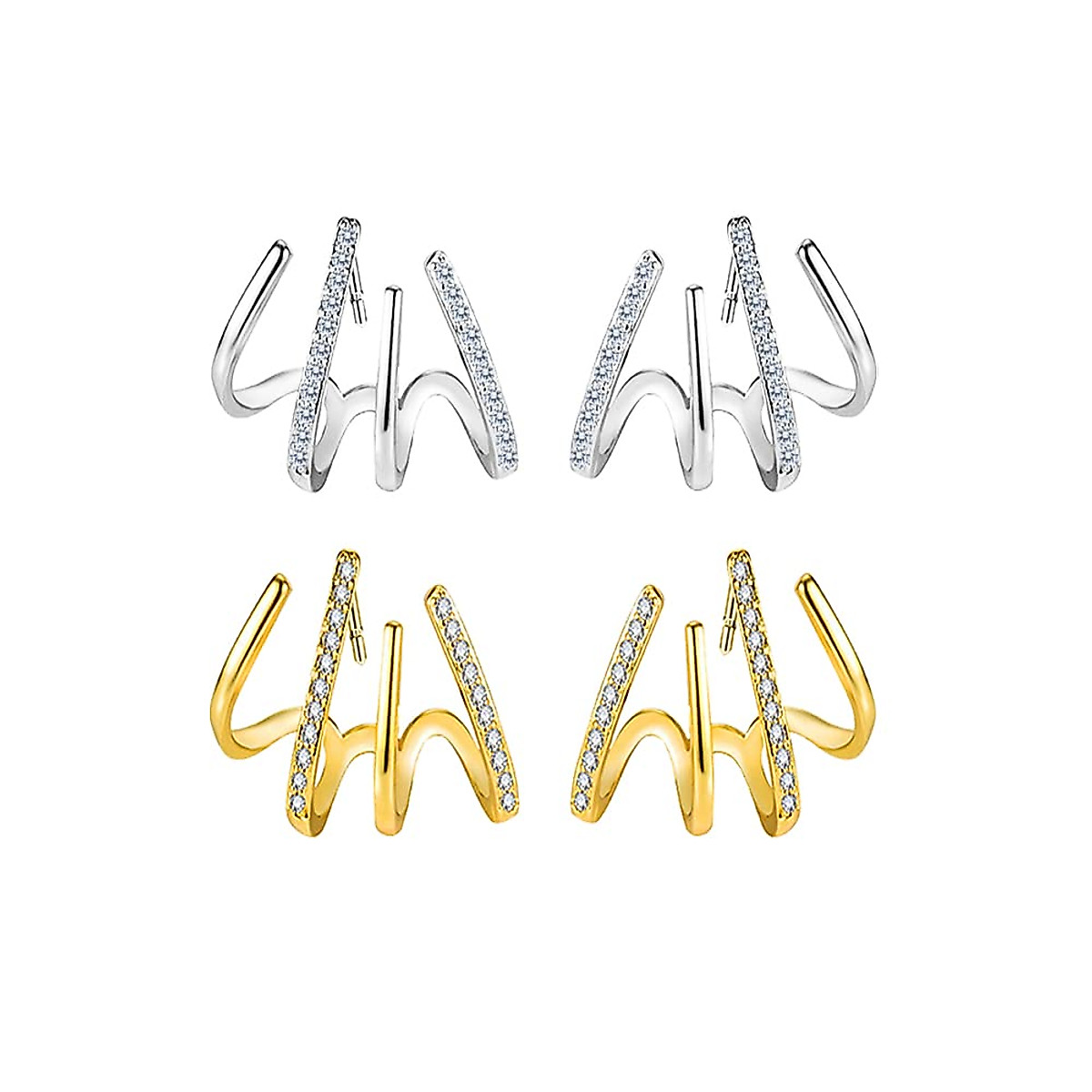 Claw Earring Cuff Zircon Needle Quartet Earrings for Women Cool CZ Stud Huggie illusion Earrings Minimalist Luxury Trendy Ear Wrap Cuffs Piercing Hoop Ear Jewelry for Prom (Crystal)