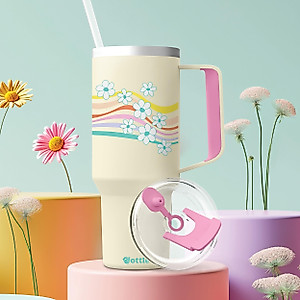 Ottle Deep Sea Diver 40 oz Insulated Tumbler with Handle and Straw Lid - Leak Proof, Cupholder Friendly Travel Mug - Stainless Steel Double Wall Water Bottle for Hot and Cold Drinks - Wavy Daisies