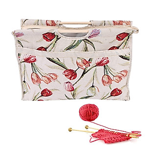 Agatige Knitting Yarn Storage Bag, Wood Handles Knitting Bag Tote Organizer Woven Fabric Storage Bag Travel Yarn Tote Organizer Crochet Bag for Knitting Needles Sewing Tools, 42*30*11cm, Rose Flower