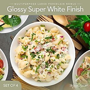 Maison Neuve Premium Porcelain White Dinner Bowls [Set of 4]- 40oz Dinnerware Kitchen Bowls For Soups, Noodles, Pasta, Salads, Desserts- Durable Dishwasher-Safe 9” Serving Bowls- Super White