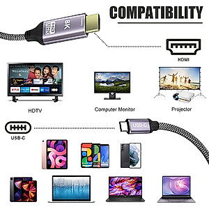 Angusplay 8K USB C to HDMI Cable 6.6ft Adapter Cord Support 4K 120Hz 8K 30Hz, Directional USB-C to HDMI Cable 2.1 Compatible with Thunderbolt 3