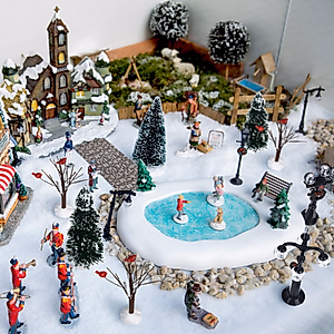 Aoriher 15 Pcs Christmas Figurine Village Accessories Miniature Pine Trees Snow Artificial Christmas Trees Cardinal Bare Branch Trees Streetlight Lamps Cobblestone Street Figurine for Xmas (Classic)