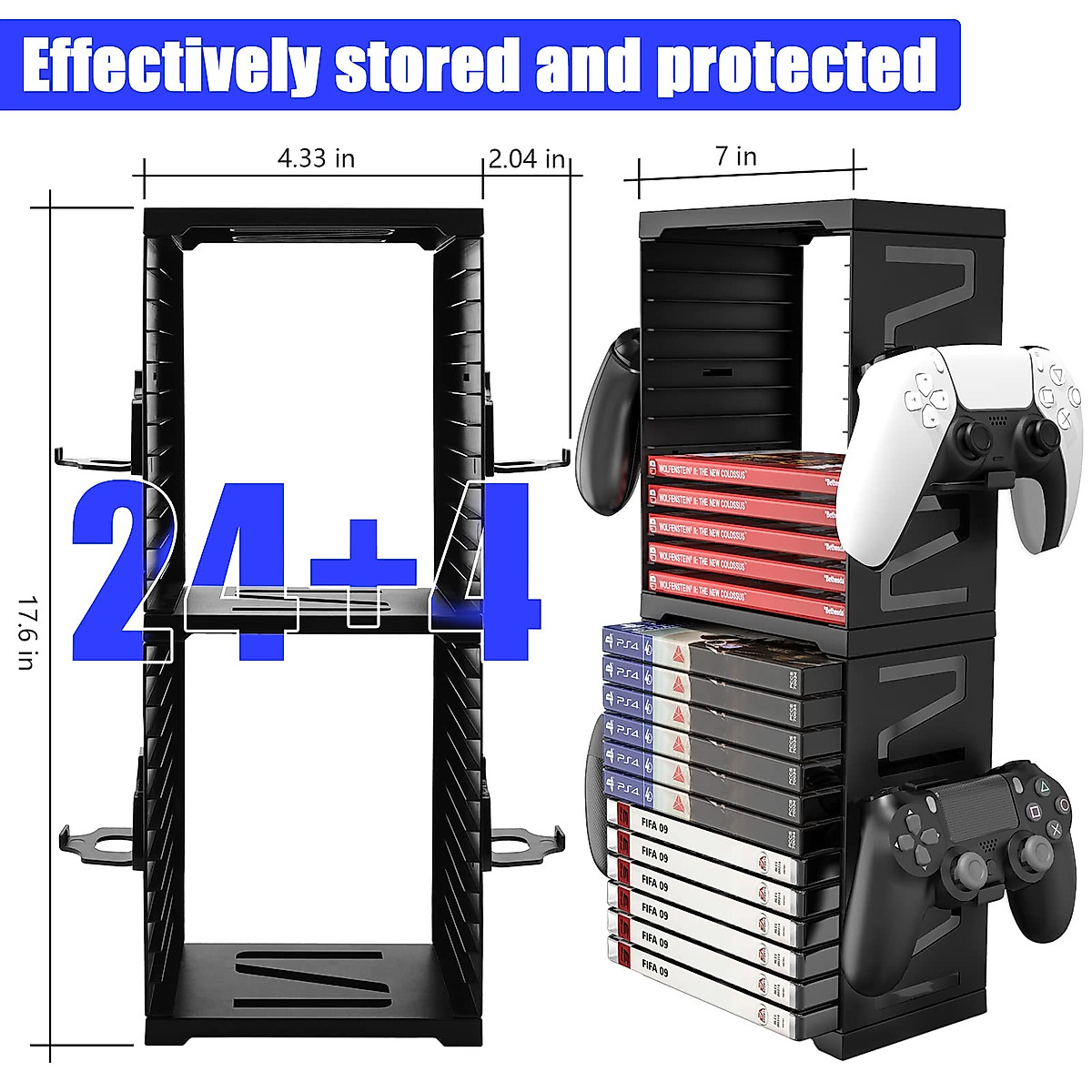 SIKEMAY Game Storage Tower for PS5/ PS4/ Xbox Series S & X/Xbox, Universal Video Games Discs Organizers 24 PCS with 4 Controllers Holder, Game Disk Box Stand Rack Accessories - Black
