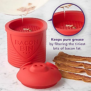 Talisman Designs Bacon Bin Grease Strainer & Collector | Family Friendly Kitchen Tools | Fun & Functional Silicone Grease Container | Holds up to 1 Cup | Red