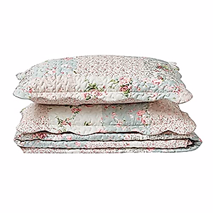 Brilliant Sunshine Traditional Rose and Sage Patchwork, with Rose Bud Patch Frames, 3-Piece Quilt Set with 2 Shams, Reversible Bedspread, Lightweight Coverlet, All-Season, Full/Queen, Light Rose Sage