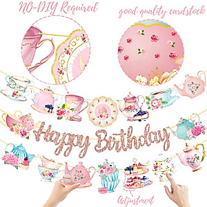 Tea Party Birthday Banner Rose Gold Tea Themed Happy Birthday Banners Floral Tea Birthday Party Decoration Teapot Cutout Banner for Afternoon Tea Baby Shower Supplies