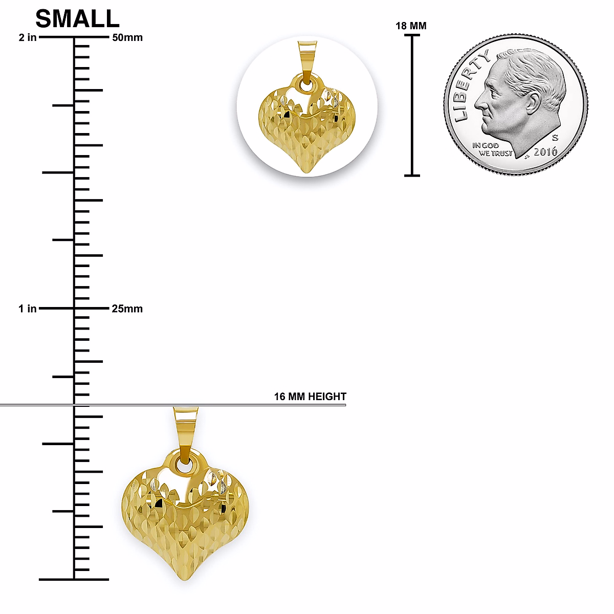 Charm America - Gold Puffed Heart Charm - 14 Karat Gold - High Polish Diamond-Cut Heart Pendant - 3D Heart Jewelry - Great For Gifts (Small)