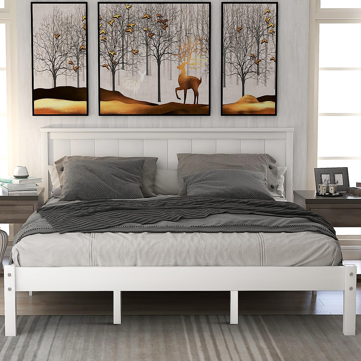 Aiuyesuo Modern Queen Size Platform Bed with Headboard, Wooded Platform Bed Frame with Strong Wood Slat Support, No Box Spring Needed, Easy Assembly (White-YU0OW)