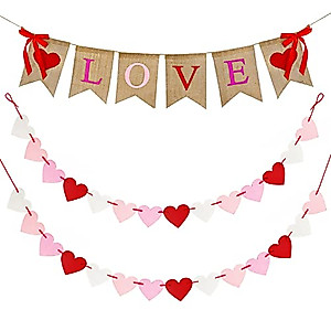 Valentines Day Decor, Love Burlap Banner Valentines Decorations 28 Pcs Felt Heart Garland Banner Hanging Heart Garland Rustic Valentine Décor for Home Mantle Fireplace Wall