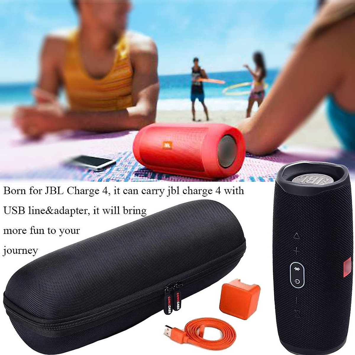 Case for JBL Charge 4 / Charge 5 / Pulse 4 Portable Waterproof Wireless Bluetooth Speaker [ Fits USB Plug and Cable & More ] - Black (Case Only)