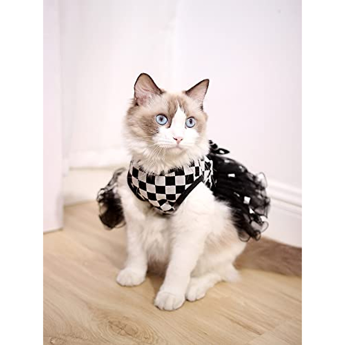 QWINEE Checkerboard Print Bow Decor Pet Dress Cat Dog Mesh Princess Dress Cute Puppy Dresses Pet Party Birthday Costume for Small Medium Large Girl Cats Dogs Kitten Black and White Medium