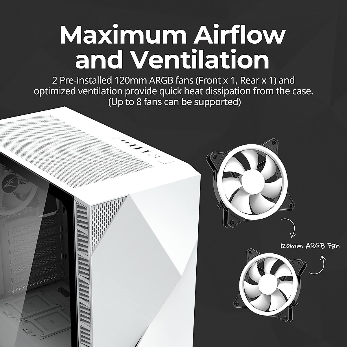 Zalman Z3 Iceberg ATX Mid Tower Gaming PC Case - 2 x 120mm ARGB Fans Preinstalled - Tempered Glass Side Panel - Support E-ATX, 2 x USB 3.0, White