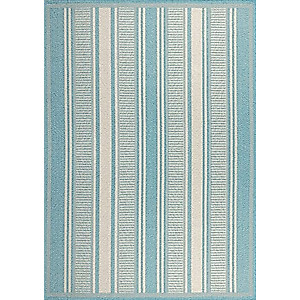 JONATHAN Y SMB202A-4 Haynes Modern Double Stripe Indoor Outdoor Farmhouse Transitional Area Rug,High Traffic,Kitchen,Living Room,Backyard,Non Shedding,4 X 6,Aqua/Beige