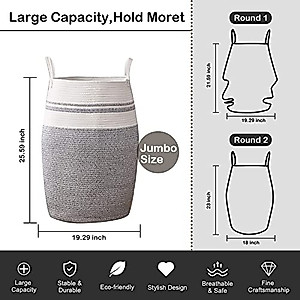 OIAHOMY Laundry Hamper Woven Cotton Rope Large Clothes Hamper 25.6" Height Modern Curve Basket with Extended Cotton Handles for Storage Clothes Toys in Bedroom, Bathroom, Foldable (White & light grey)