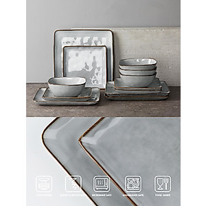 Famiware Dinnerware Sets for 4, Ocean Square 12-Piece Kitchen Plates and Bowls Sets, Reactive Glaze, Microwave and Dishwasher Safe, Scratch Resistant, Grey