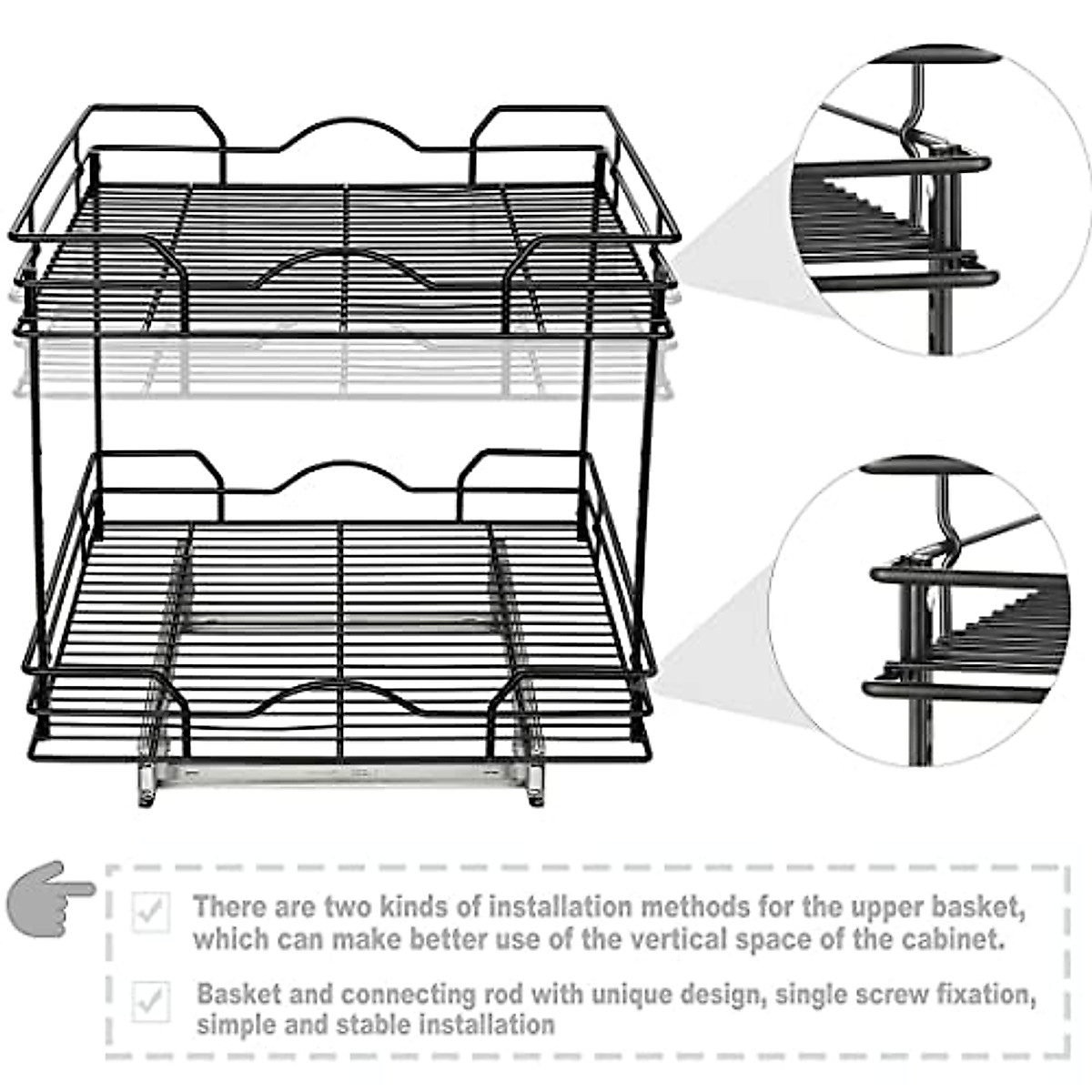OCG Pull Out Cabinet Shlef 14" W x 18" D, 2 Tier Heavy Duty Slide Out Shelves, Pull Out Drawer for Cabinet, Black