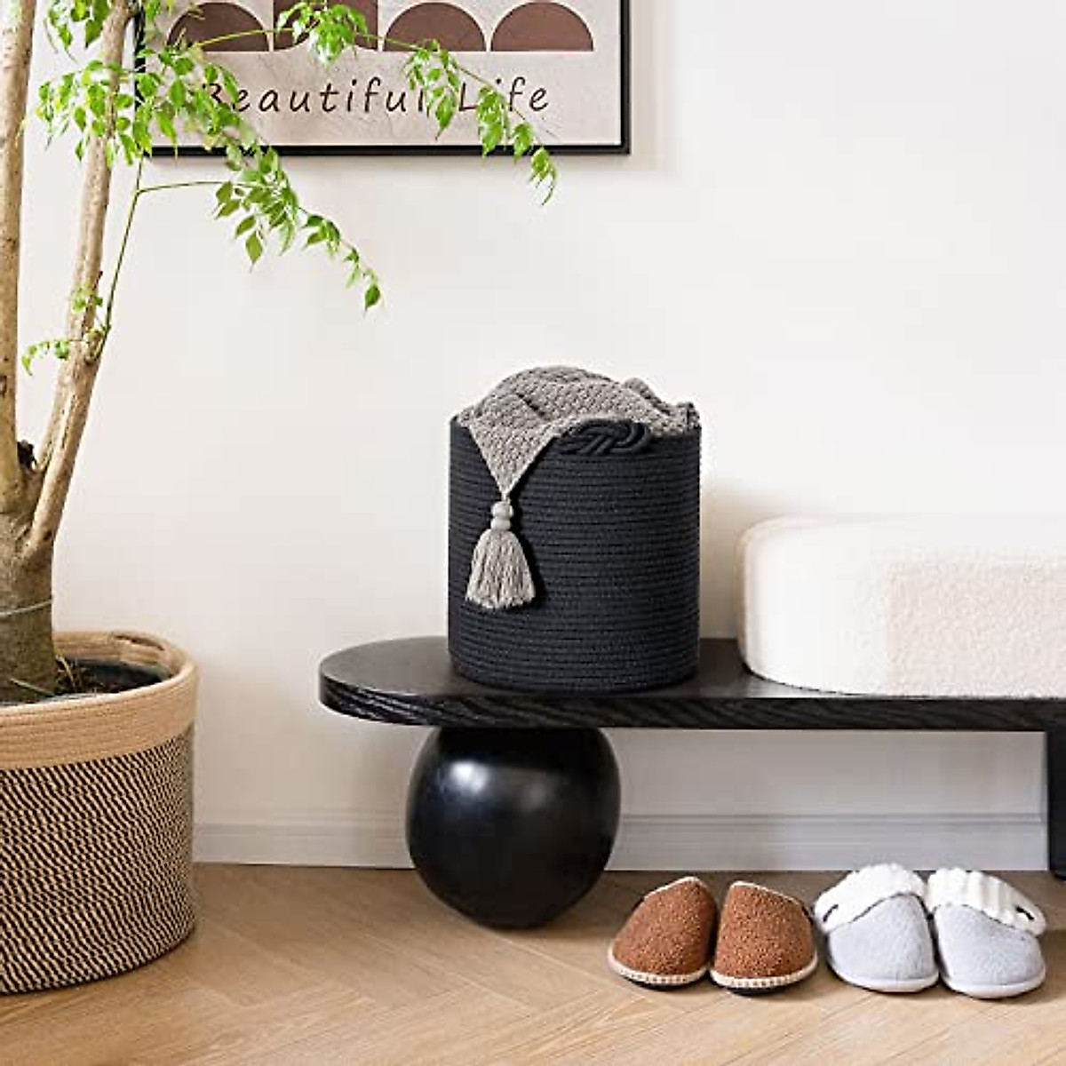 Goodpick 3 Pack Cube Woven Rope Storage Bins for Closet and Shelf Organization, Black Decorative Round Baskets for Toys, Towels, Socks, Clothes, 11 x 11 inches