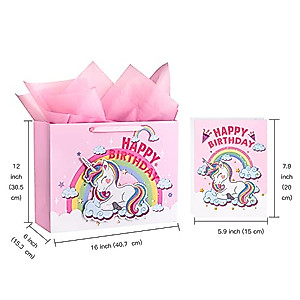 WRAPAHOLIC 16" Extra Large Birthday Gift Bag with Card and Tissue Paper - Fantacy Unicorn Happy Birthday