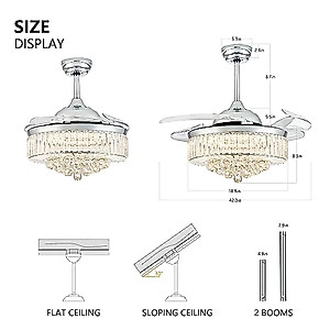 Silver Crystal Ceiling Fan with Lights and Remote,42 Inches Modern Retractable Blade Polished Chrome Ceiling Fans Light,Memory Infinite Dimmable 3 Lights Colors and 6 Speeds Air Circulation Chandelier