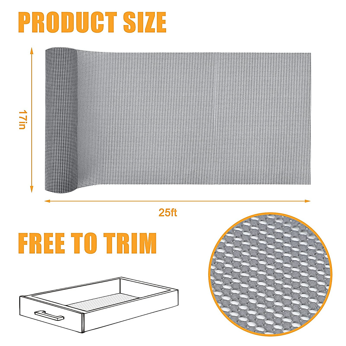 BAKHUK Grip Shelf Liner, Non-Adhesive 17 Inch x 25 Feet Cabinet Liner Durable Organization Liners for Kitchen Cabinets Drawers Cupboards Bathroom Storage Shelves (Gray)