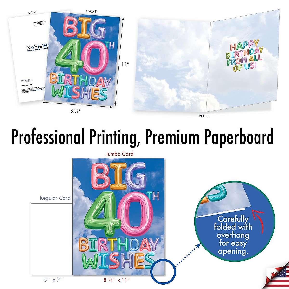 The Best Card Company - 40th Happy Birthday Card Jumbo (8.5 x 11 Inch) 40 Years of Celebration, Group Notecard with Envelope - Inflated Messages Milestones 40 (Not Actual Balloons) J5651BMBG-US