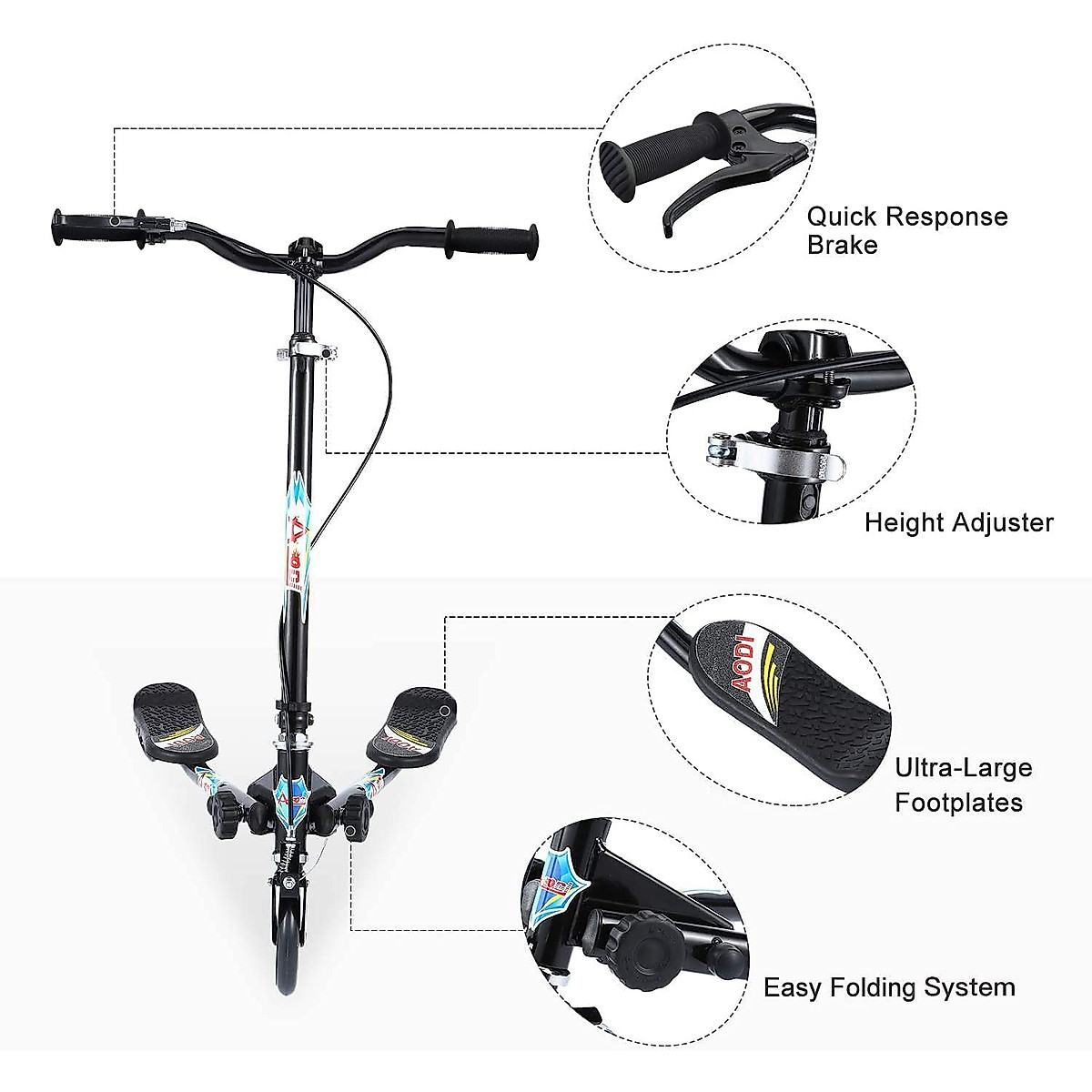 AODI Swing Scooter for Kids, 3 Wheels Foldable Wiggle Scooter Push Drifting with Adjustable & 2 Rear LED Wheels Kicks Scooter for Boys and Girls Ages 3-8