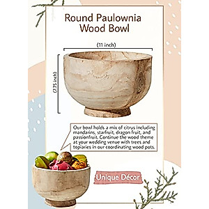 Serene Spaces Living 11" Paulownia Wood Round Bowl, Handmade Wooden Decorative Bowl Fruit Basket for Décor, Parties, Wedding Centerpiece, Floral Arrangements, 7" Tall and 11" Diameter