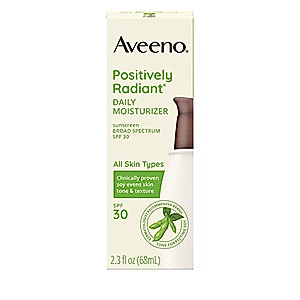 Aveeno Positively Radiant Daily Facial Moisturizer with Broad Spectrum SPF 30 Sunscreen & Soy, Improves Skin Tone & Texture, Hypoallergenic, Oil-Free & Non-Comedogenic, 2.3 Fl. Oz