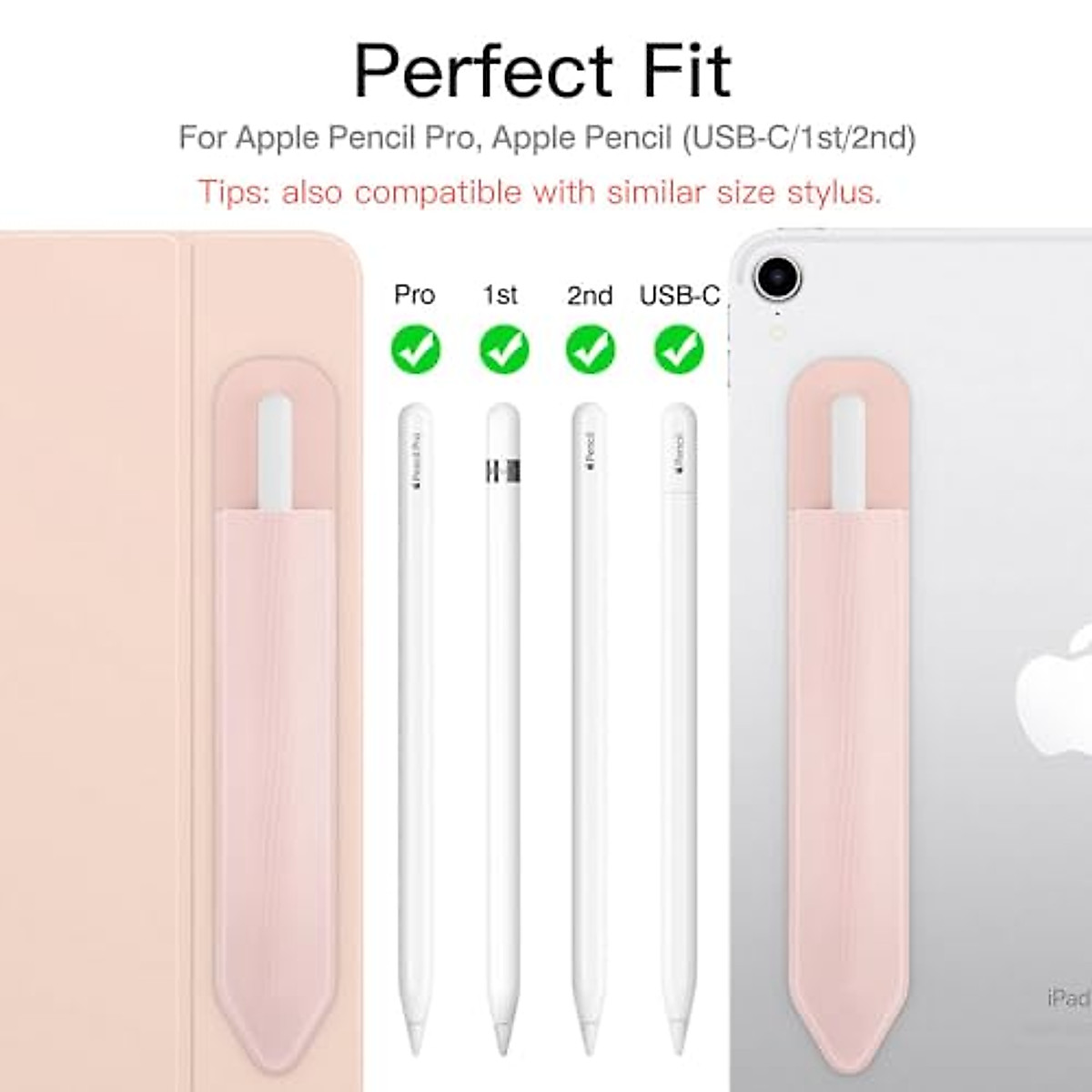 MoKo Pencil Holder Sticker Fit Apple Pencil Pro, Apple Pencil (USB-C), Apple Pencil 1st/2nd Generation, Elastic Pencil Pocket Pouch Adhesive Sleeve Attached to iPad Case for Stylus Pens,Rose Gold