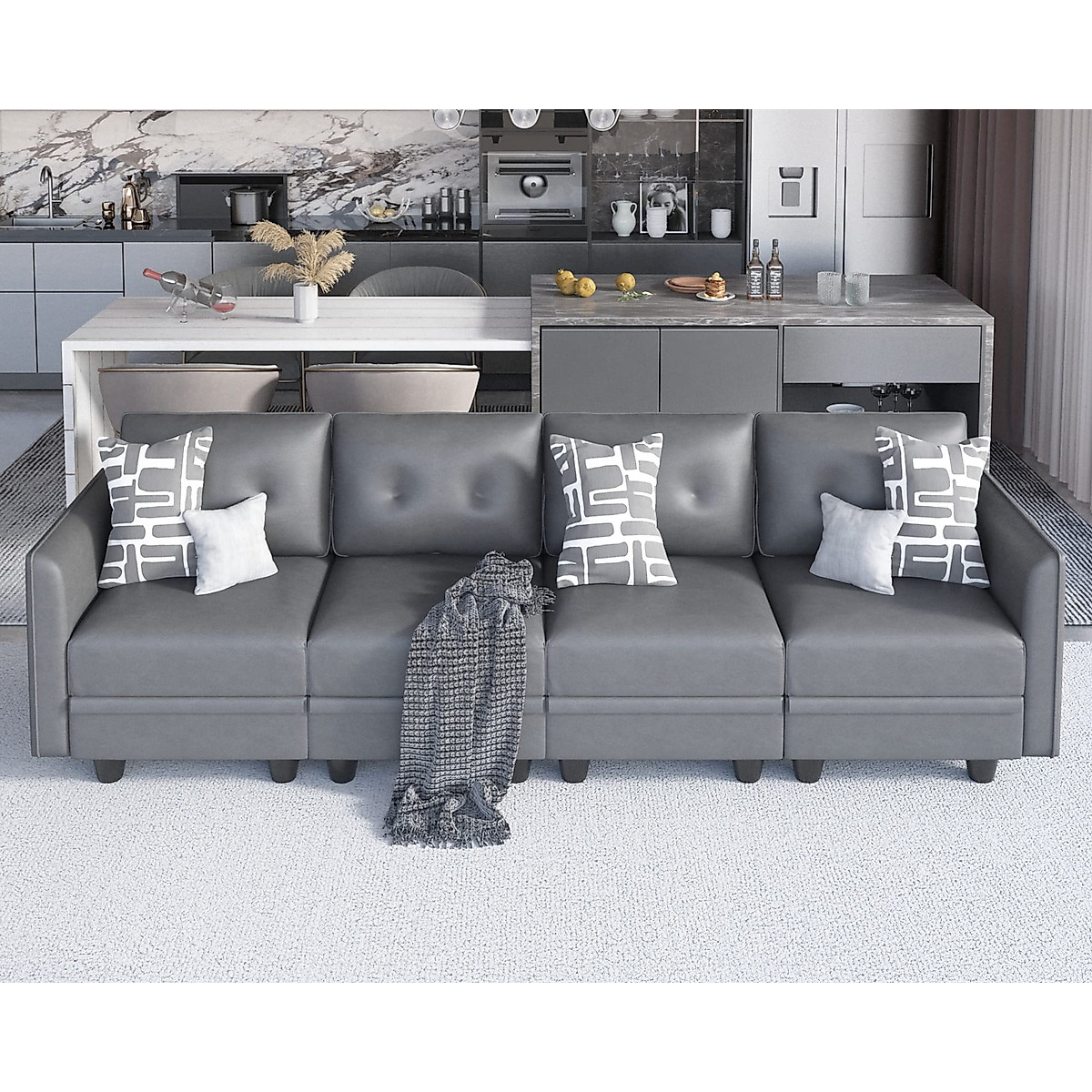 LLappuil Modular Sofa Faux Leather Fabric 102" Sectional Couch 4 Seater with Storage Seat, Modern Sectional Sofa for Living Room, Office, Dark Grey